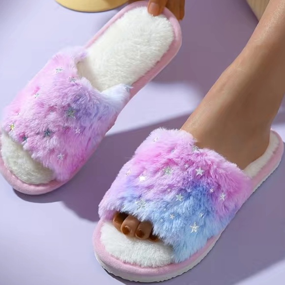 Shoes | Pink Bling Star Fuzzy Slippers | Poshmark
